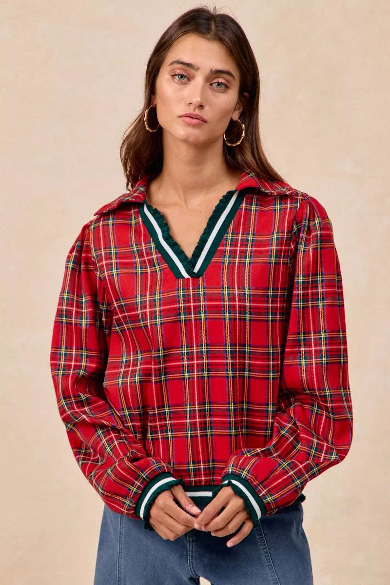 BiBi Christmas Plaid Collared Top with Ruffled Detail – COCO & Company